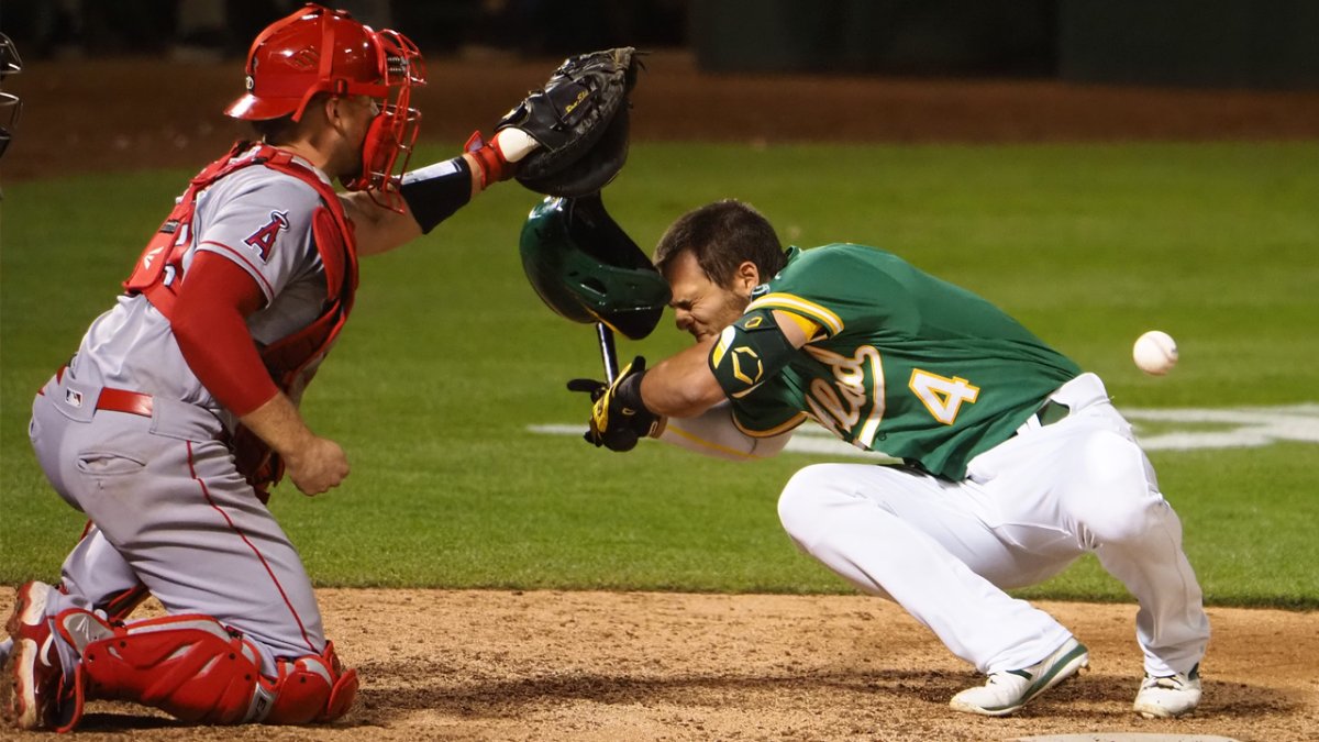 Chad Pinder hit in head by pitch, exits Athletics-Angels game – NBC ...