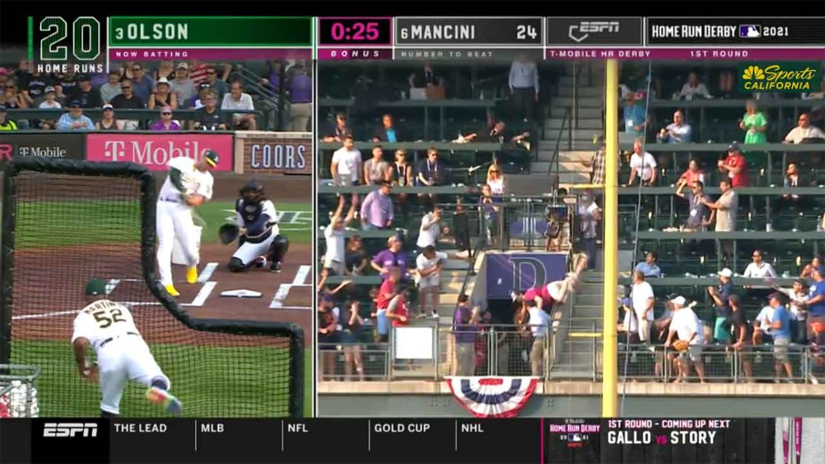 Fan wildly falls over railing for Matt Olson Home Run Derby ball – NBC ...