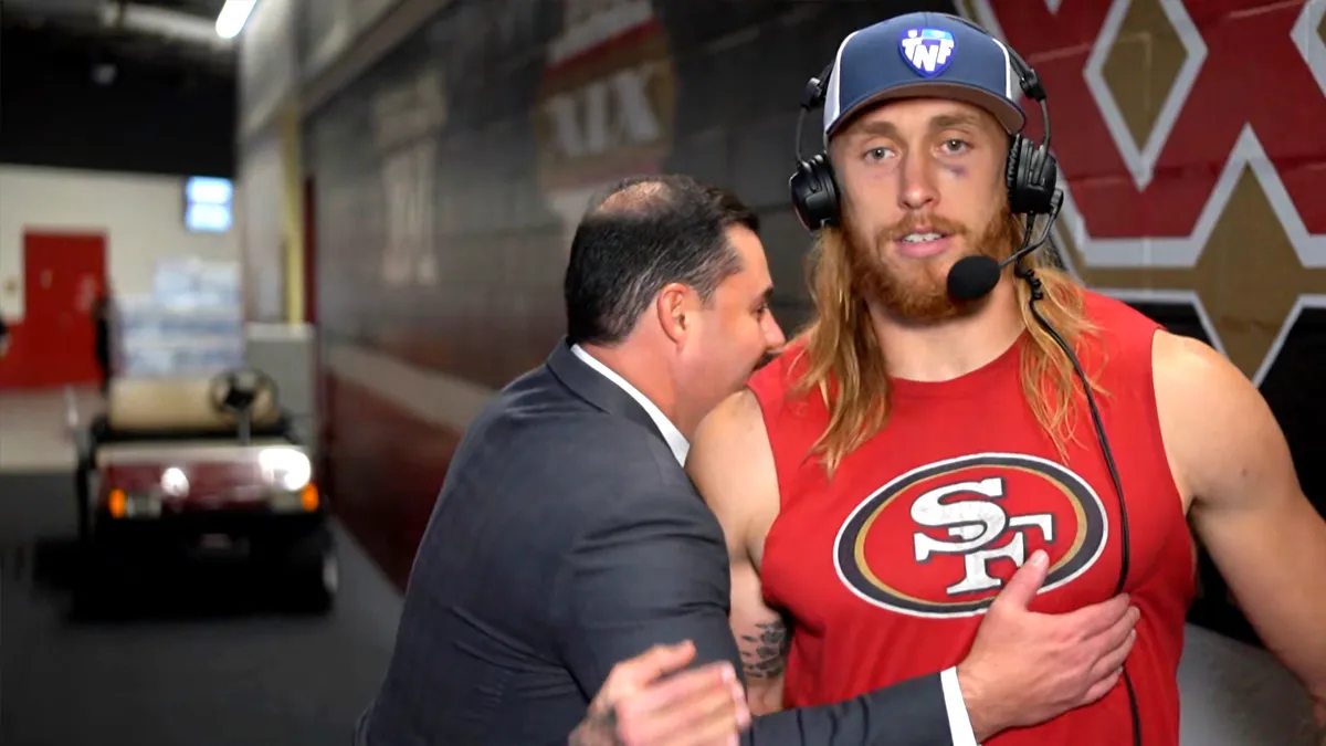 49ers’ Jed York amazingly hugs George Kittle during postgame interview ...