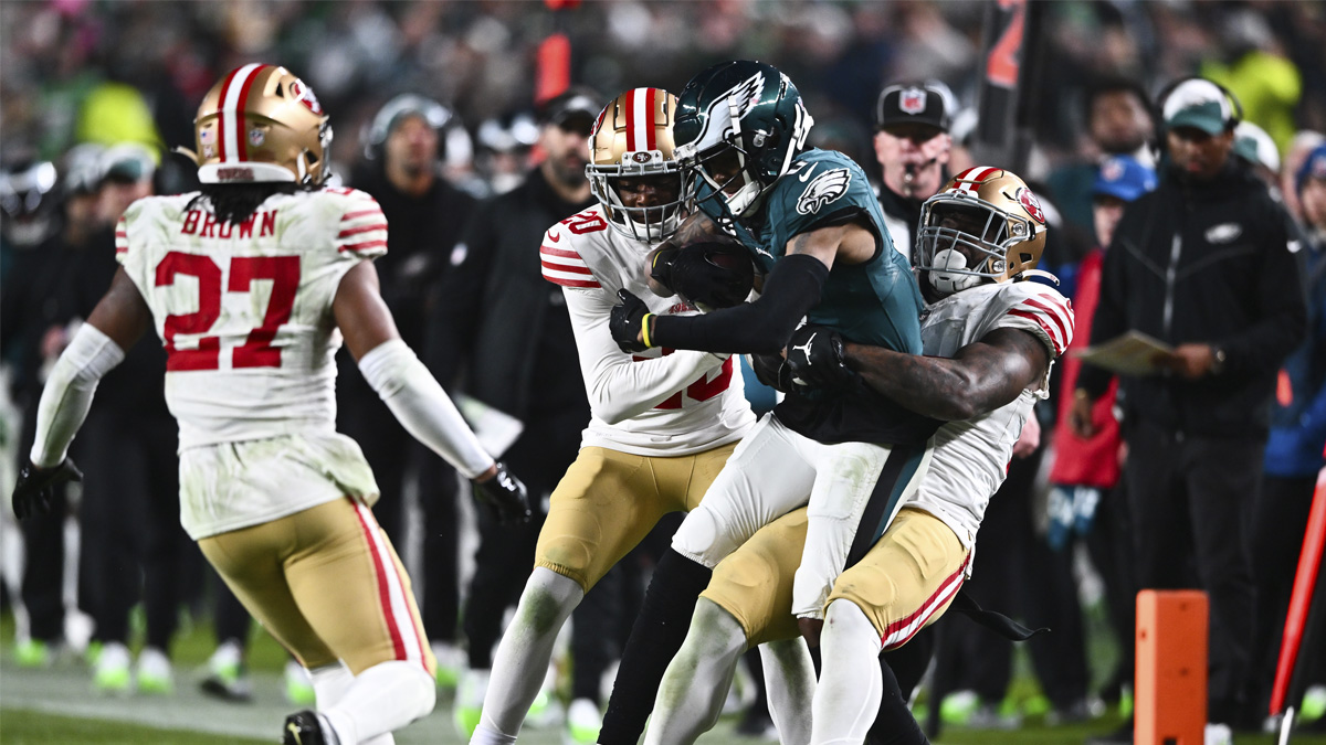 NFL fines Dre Greenlaw $11K for DeVonta Smith tackle in 49ers-Eagles ...