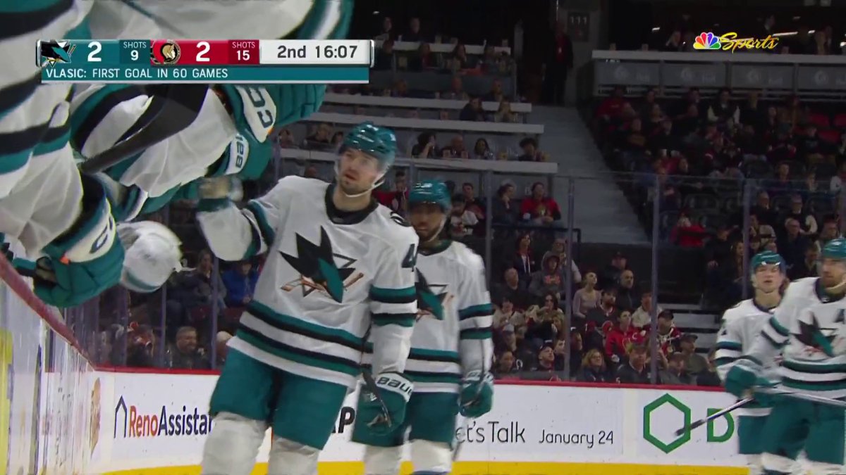 Marc Edouard Vlasics Second Period Goal Pulls Sharks Senators Even