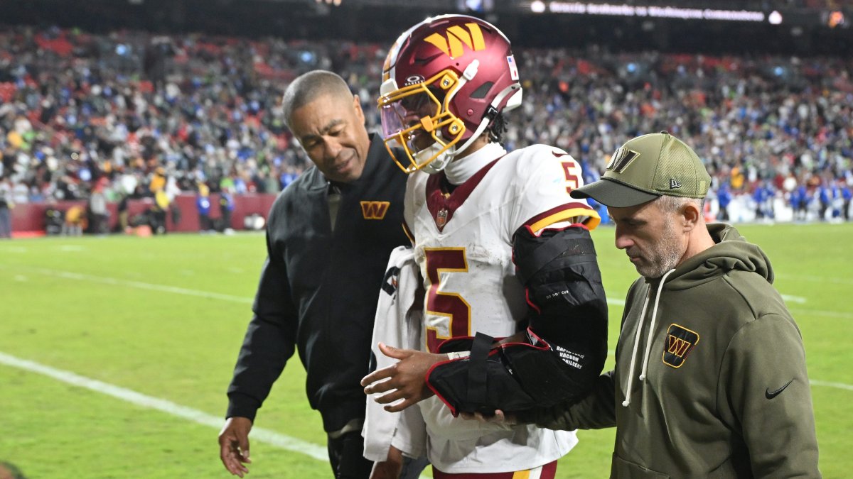 Commanders’ Jayden Daniels suffers dislocated elbow: Report – NBC ...