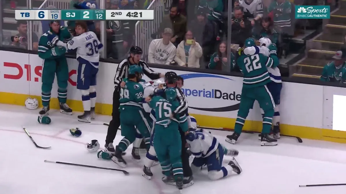 Fight erupts as Sharks defend Macklin Celebrini vs. Lightning – NBC ...